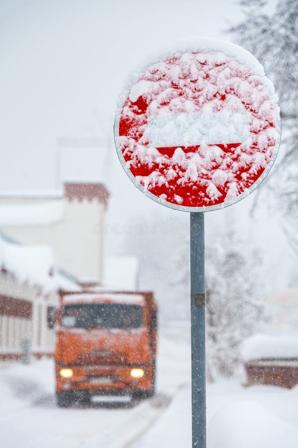 No Entry Road Sign during Snowfall Stock Image - Image of closed, brick ...