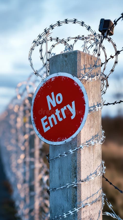 No Entry Sign on Concrete Post Surrounded by Barbed Wire, Indicating ...