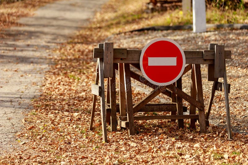 No Entry Sign in the Forest Outside the City. Background with Copy ...