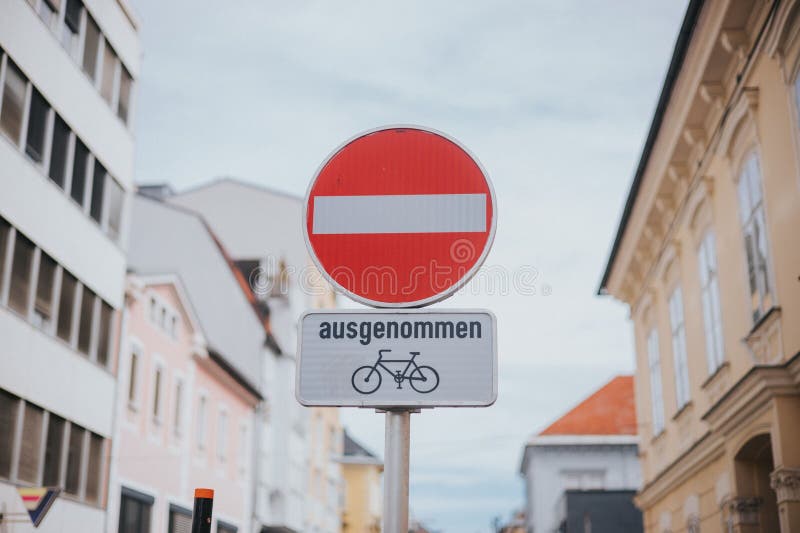 Entry Street Sign Except Bikes in German Stock Photo - Image of ...