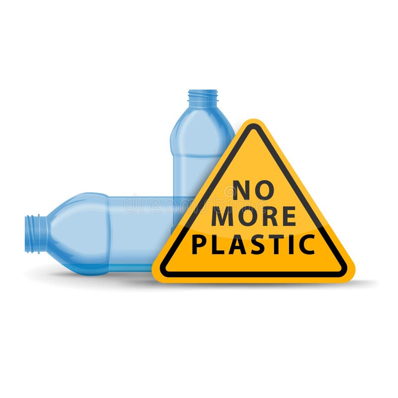 No More Plastic, Yellow Triangular Sign with Empty Plastic Bottles ...