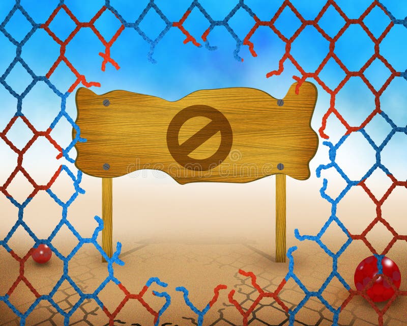 No or Not Allowed Symbol on Wooden and Broken Red and Blue Net Stock ...