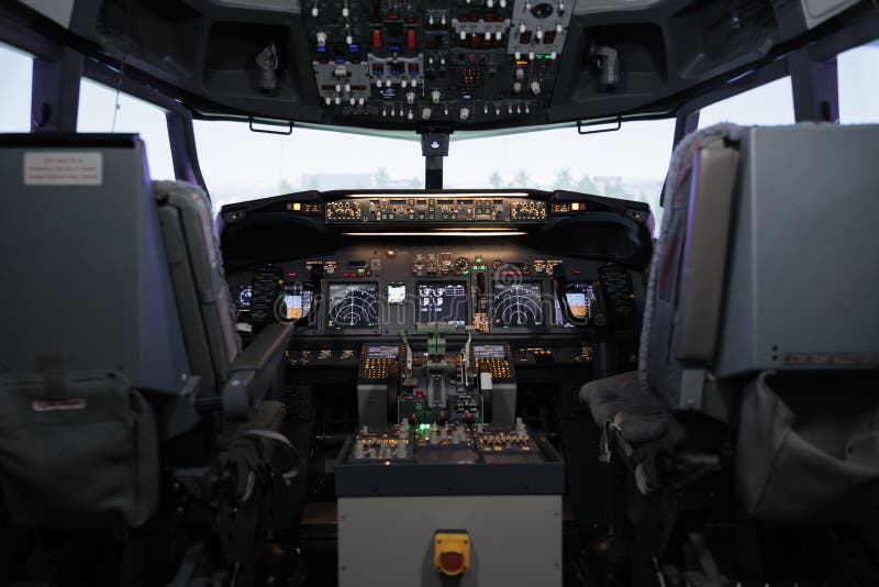 No People in Empty Plane Cockpit with Dashboard Command Stock Image ...