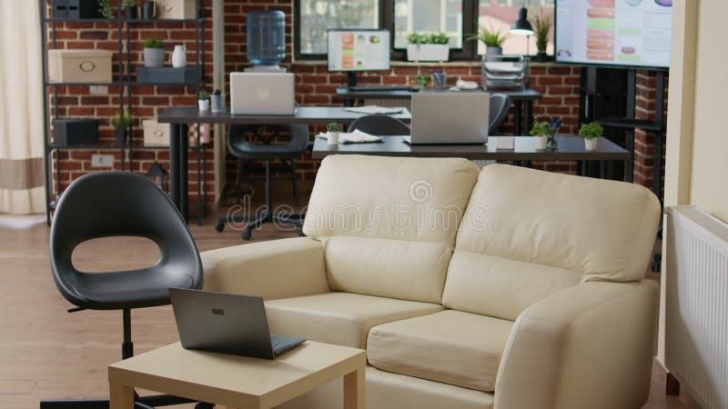No People in Empty Workplace with Couch and Computers Stock Video ...