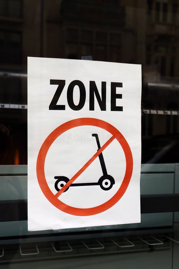 No-scooter Zone Sign on a Window, Close Up Stock Photo - Image of ...