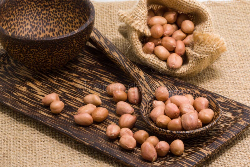 No Shell Dry Peanut in Wooden Spoon and Sack Stock Photo - Image of ...
