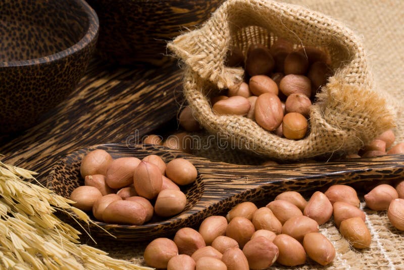 No Shell Dry Peanut in Wooden Spoon and Sack Stock Photo - Image of ...