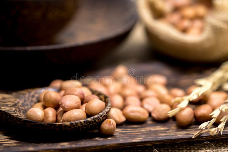 No Shell Dry Peanut in Wooden Spoon and Sack Stock Image - Image of ...