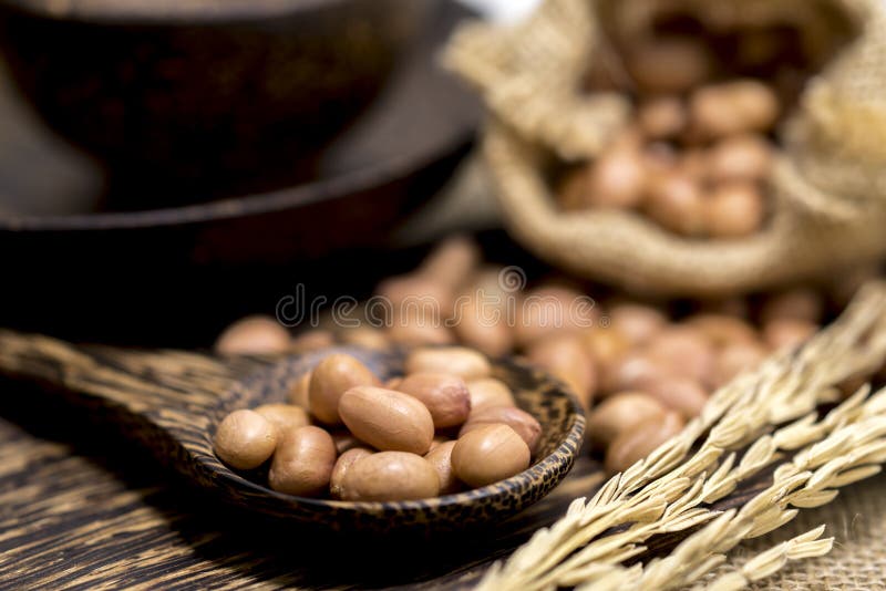 No Shell Dry Peanut in Wooden Spoon and Sack Stock Image - Image of ...