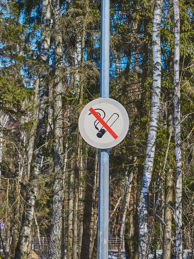 A No Smoking Sign on a Pole Against a Background of Bare Trees. Stock ...