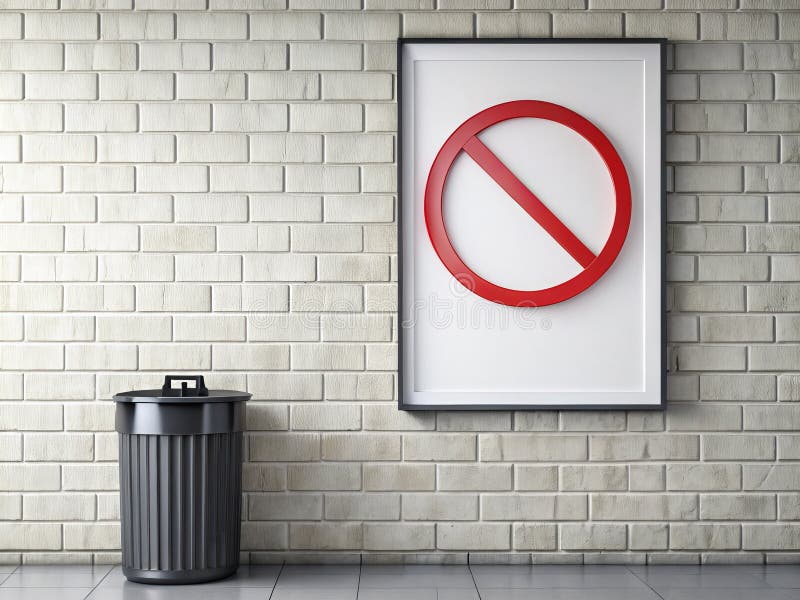No Trash Allowed Prohibition Sign and Trash Can on Pristine White Brick ...