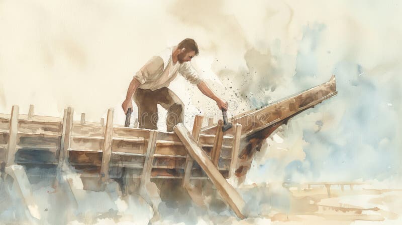 Noah Building the Ark with Traditional Tools on a Hazy Day. Stock Image ...