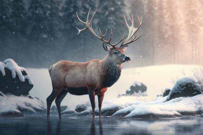 Noble Deer Male in Winter Snow Forest Stock Illustration - Illustration ...