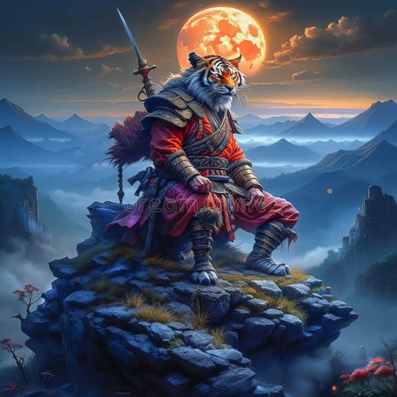 Noble Tiger Samurai in Armor, Tiger Samurai on the Mountain in the Full ...