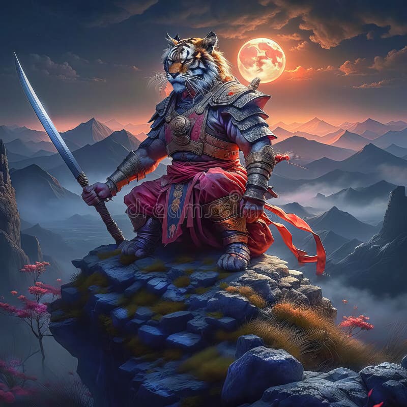 Noble Tiger Samurai in Armor, Tiger Samurai on the Mountain in the Full ...
