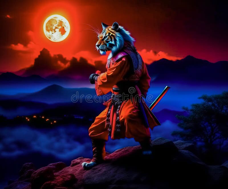 Noble Tiger Samurai in Armor, Tiger Samurai on the Mountain in the Full ...