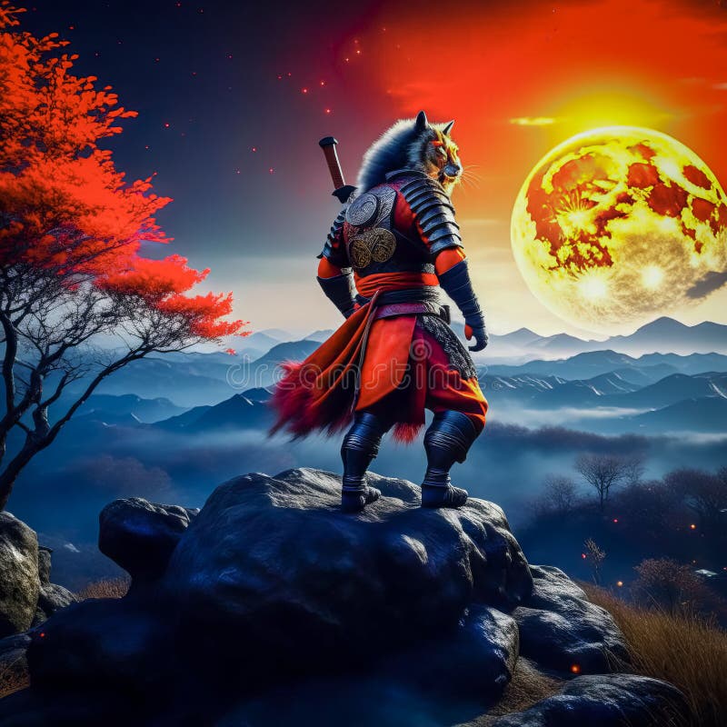 Noble Tiger Samurai in Armor, Tiger Samurai on the Mountain in the Full ...