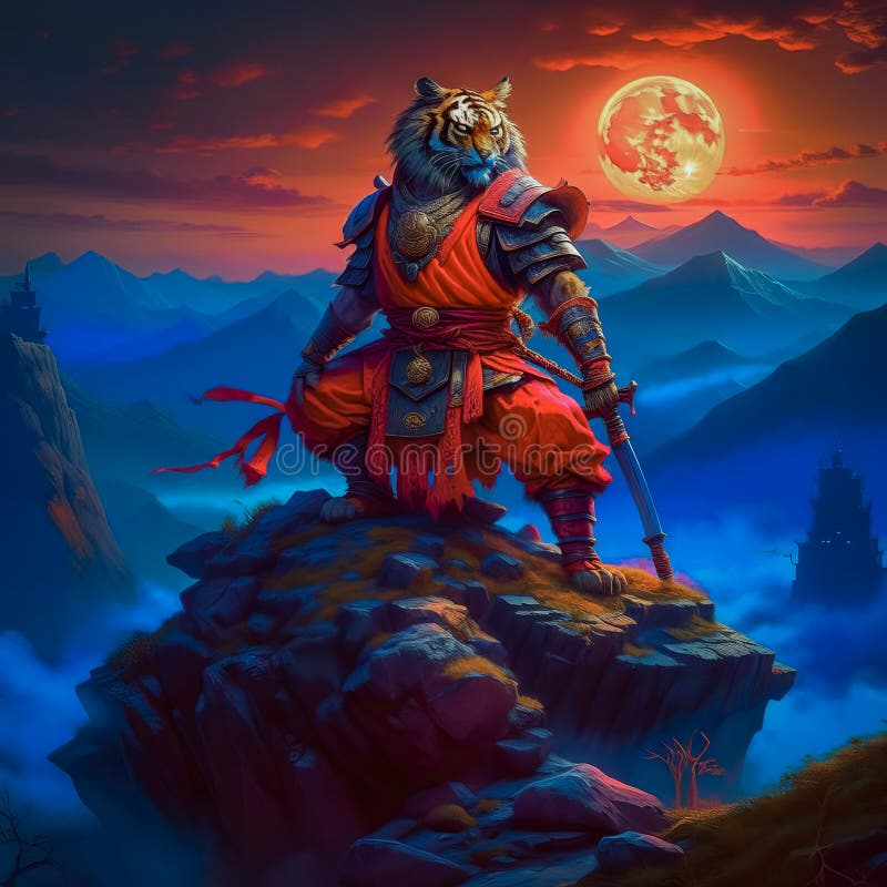 Noble Tiger Samurai in Armor, Tiger Samurai on the Mountain in the Full ...
