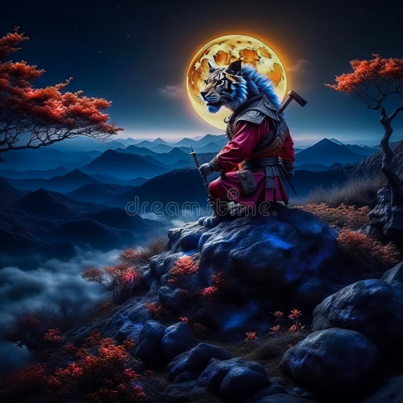 Noble Tiger Samurai in Armor, Tiger Samurai on the Mountain in the Full ...