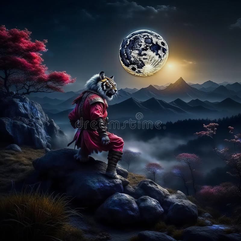 Noble Tiger Samurai in Armor, Tiger Samurai on the Mountain in the Full ...