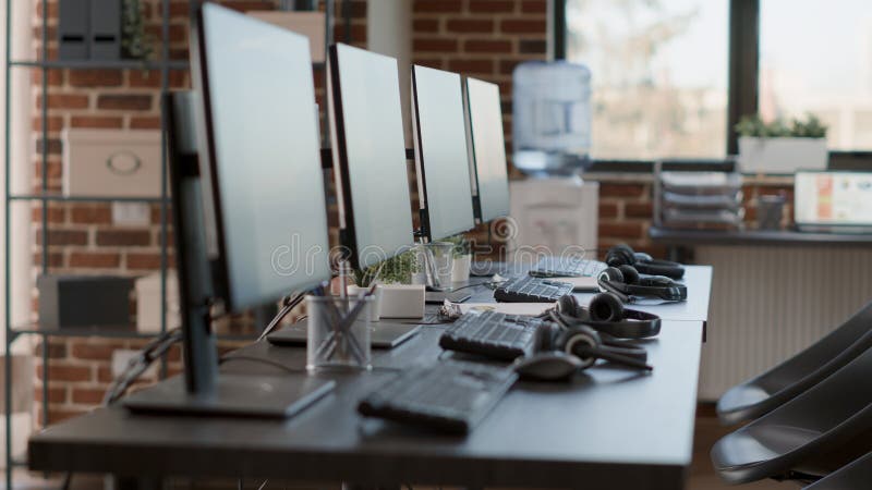 Nobody in Empty Call Center Workstation with Computers Stock Photo ...