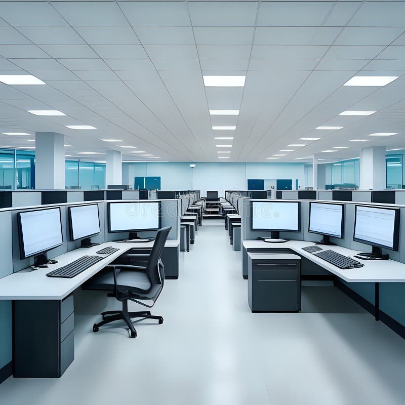 Nobody in Empty Call Center Workstation with Computers and Audio ...