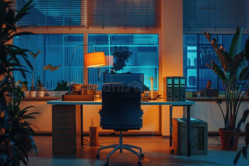 Empty Modern Open Space Office with Computers and Big Windows at Night ...