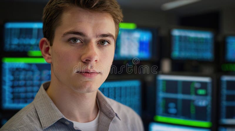 NOC Engineer. a Serious Young Man Looking at Camera in Front of Network ...