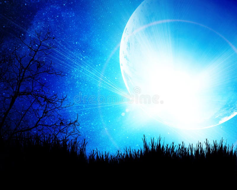 Noche azul con la luna stock de ilustración. Ilustración de negro ...