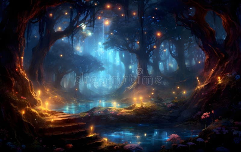 Nocturnal Fantasy Forest with Ethereal Lights Stock Illustration ...