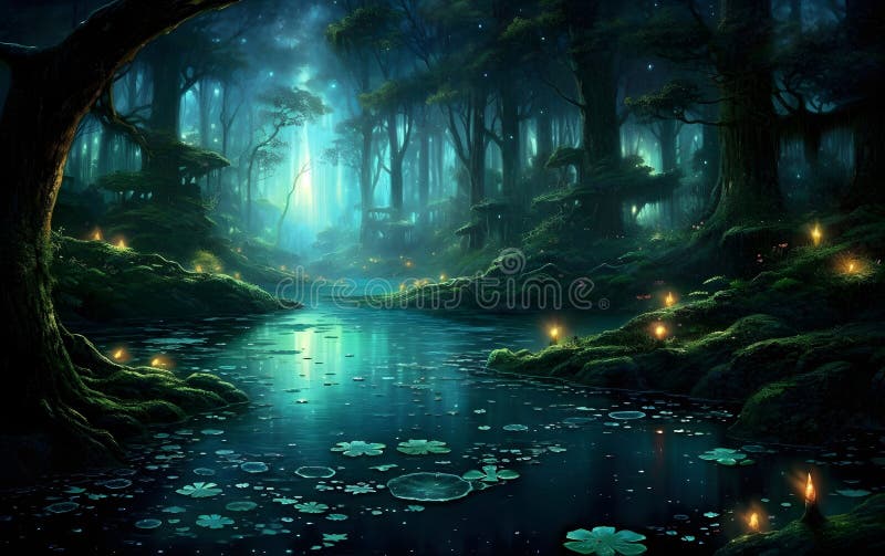 Nocturnal Fantasy Forest with Ethereal Lights Stock Illustration ...