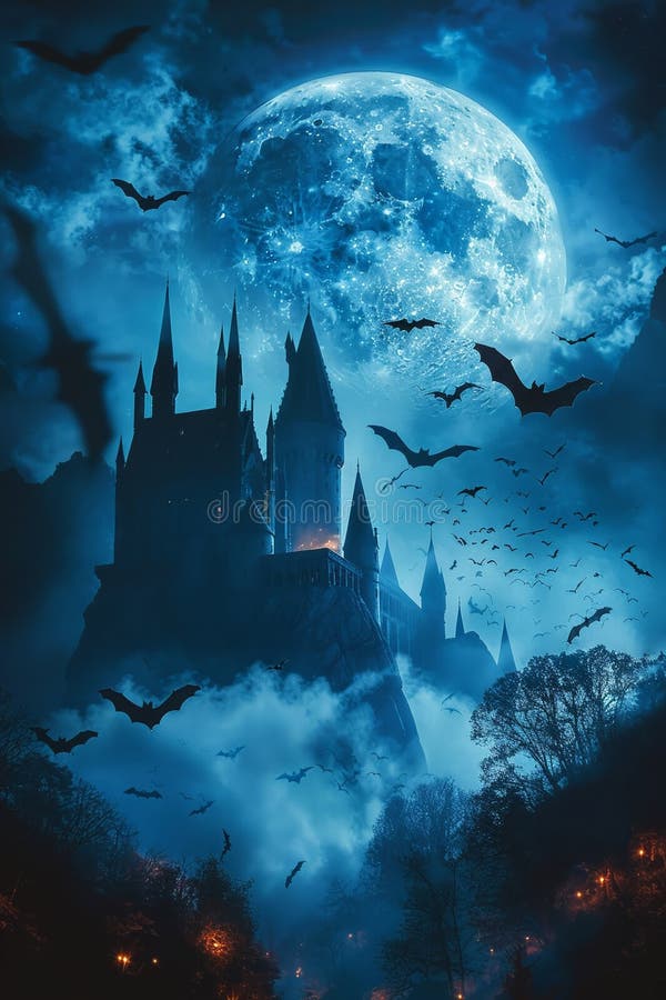 Nocturnal Flight of Bats, Backdrop of Moon, Clouds, and Castle ...