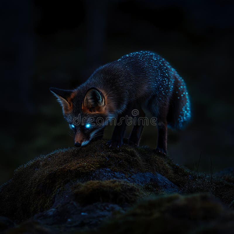Fox with Glowing Eyes Standing on a Mossy Mound in the Darkness Stock ...