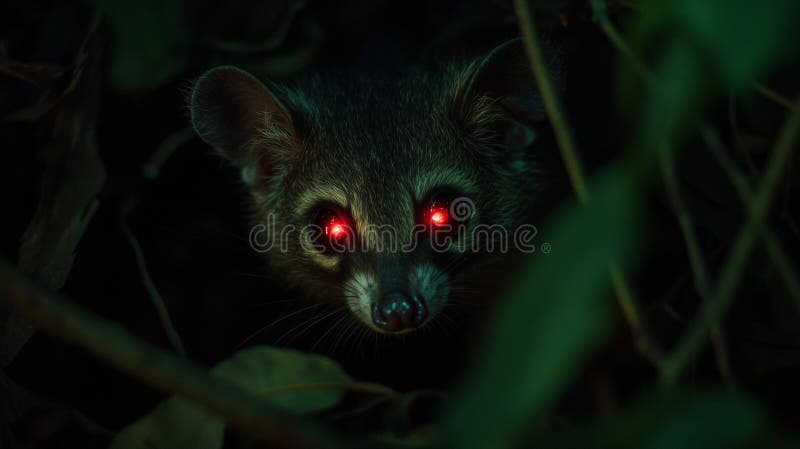 Nocturnal Mammal with Glowing Red Eyes in Dark Forest Stock ...