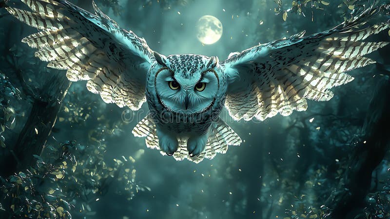Nocturnal Owl Swooping Down from Branch Under Full Moon Stock ...