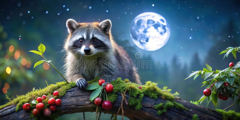 Nocturnal Raccoon Perched on Mossy Log Under a Full Moon with Berries ...