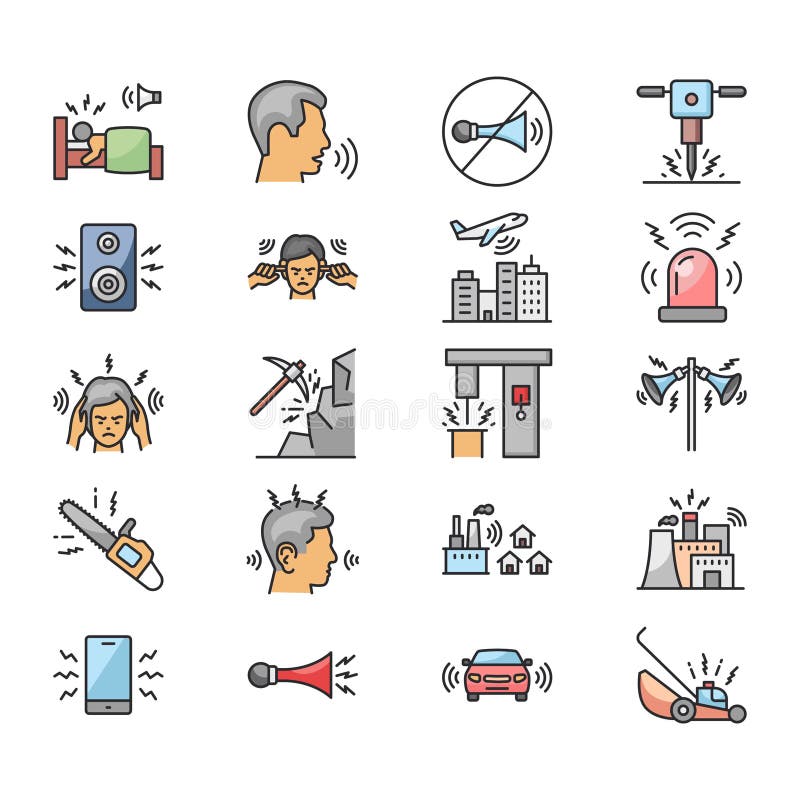 Noise Pollution Line Icon Set Stock Vector - Illustration of mower ...