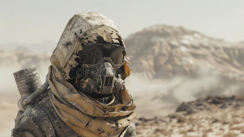 Nomadic Figure in Post-apocalyptic Desert Landscape Wearing Protective ...