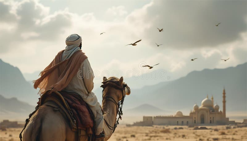 A Nomadic Saracen Wanderer on the Back of a Camel in the Desert Stock ...