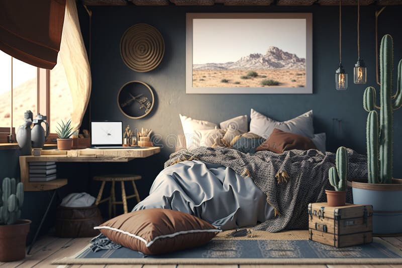 Nomadic Style Bedroom Interior Background, 3d Render Stock Illustration ...