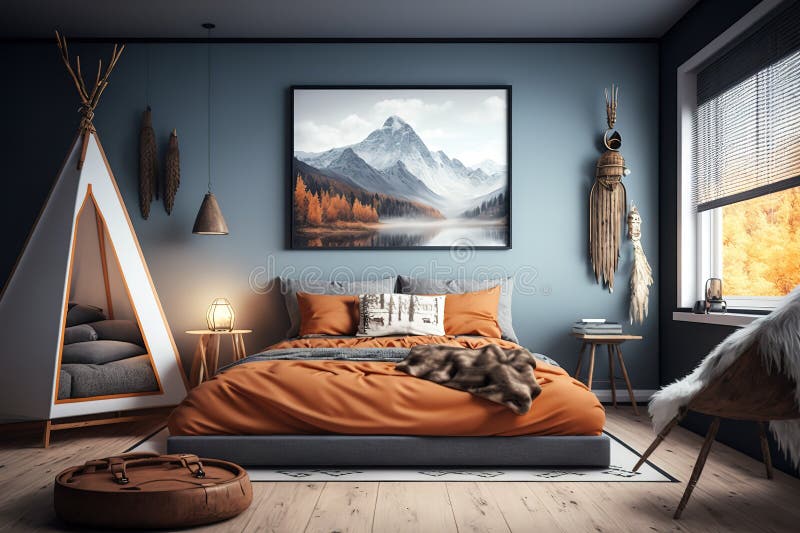 Nomadic Style Bedroom Interior Background, 3d Render Stock Illustration ...