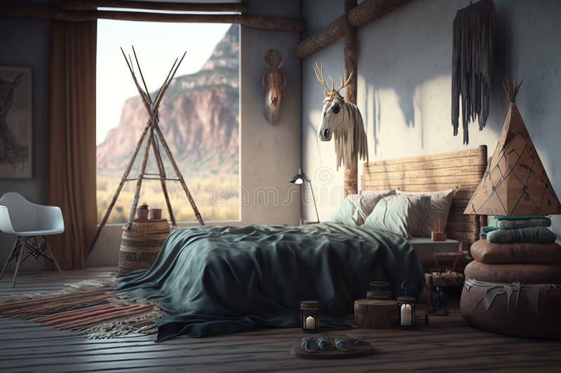 Nomadic Style Bedroom Interior Background Stock Illustration ...