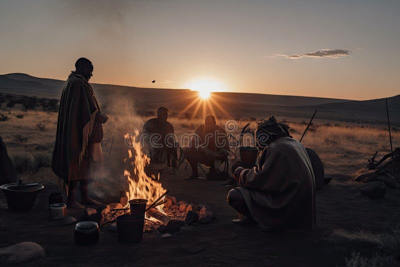 Nomadic Tribe Setting Up Camp on the Beach, with View of Crashing Waves ...