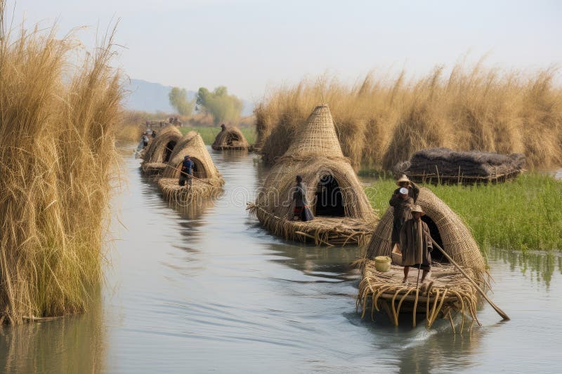 Nomadic Tribe Crossing River on Rafts Made of Reeds Stock Illustration ...