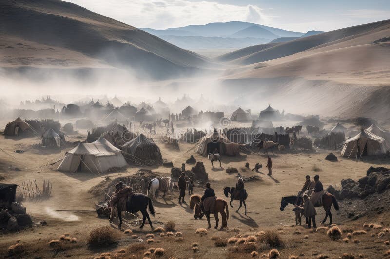 Nomadic Tribe in Dramatic Landscape, with Horses and Tents Visible ...