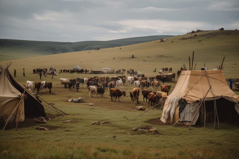 Nomadic Tribe Stopping for the Night, Setting Up Camp Under Starry Sky ...