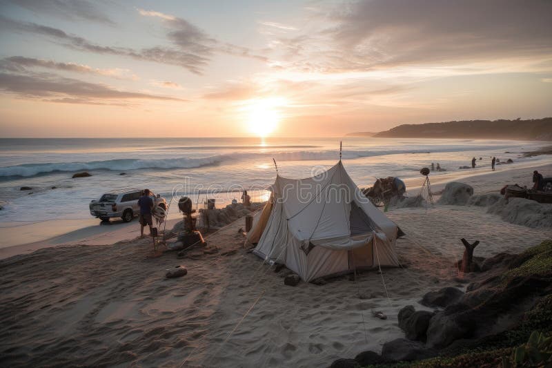 Nomadic Tribe Setting Up Camp on the Beach, with View of Crashing Waves ...