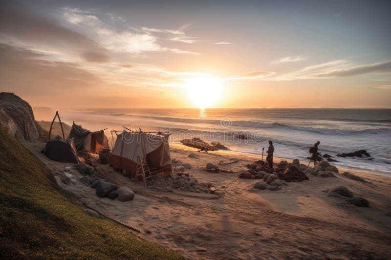 Nomadic Tribe Setting Up Camp on the Beach, with View of Crashing Waves and Sunset Stock ...