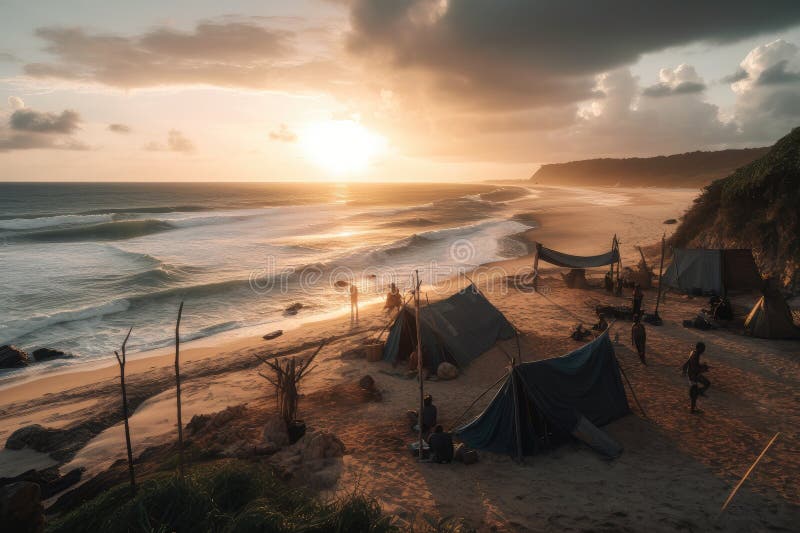 Nomadic Tribe Setting Up Camp on the Beach, with View of Crashing Waves and Sunset Stock ...