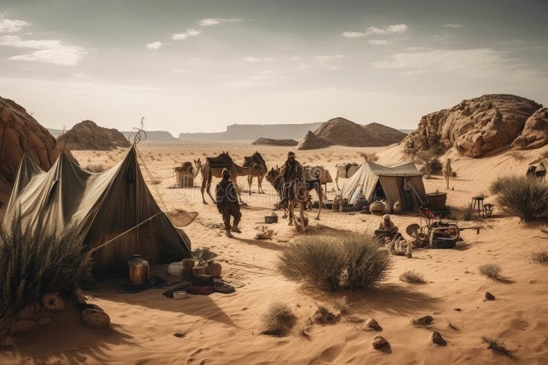 Nomadic Tribe Setting Up Camp in Desert Landscape Stock Illustration ...